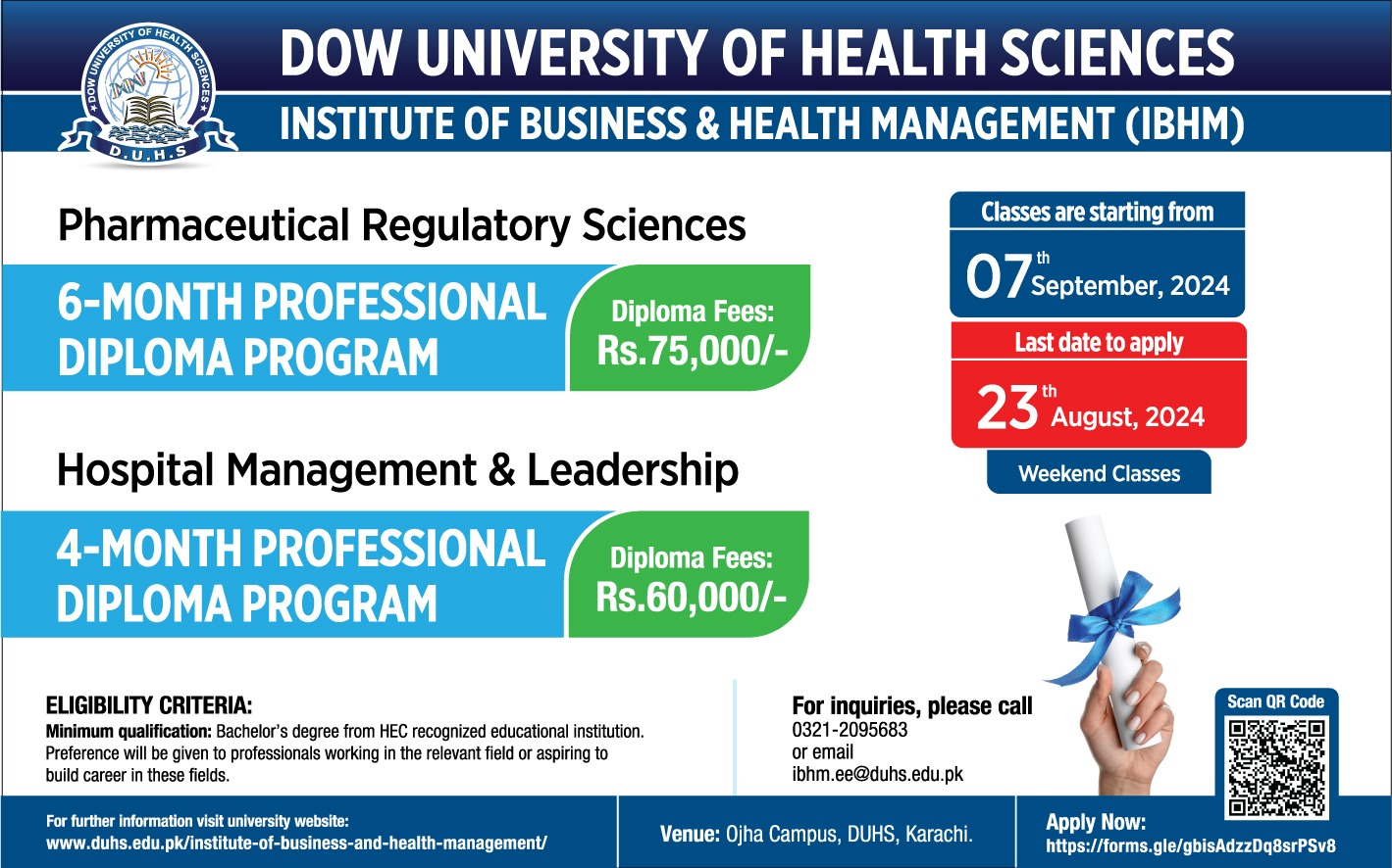 Professional Diploma Programs by Institute of Business & Health Management (IBHM), DUHS - Dow ...