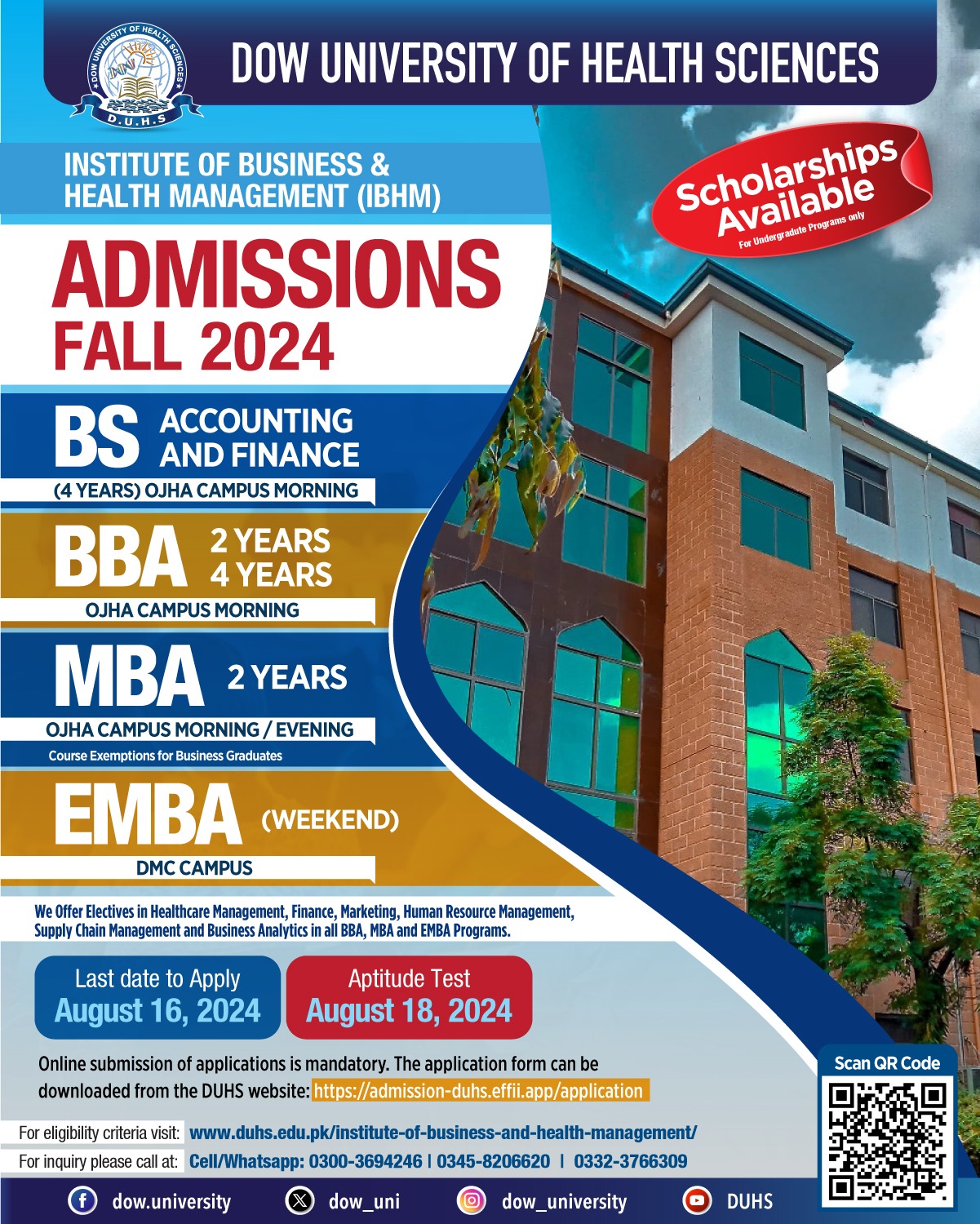 Admissions Fall 2024 - Date extended till August 16, 2024 - Dow University of Health Sciences